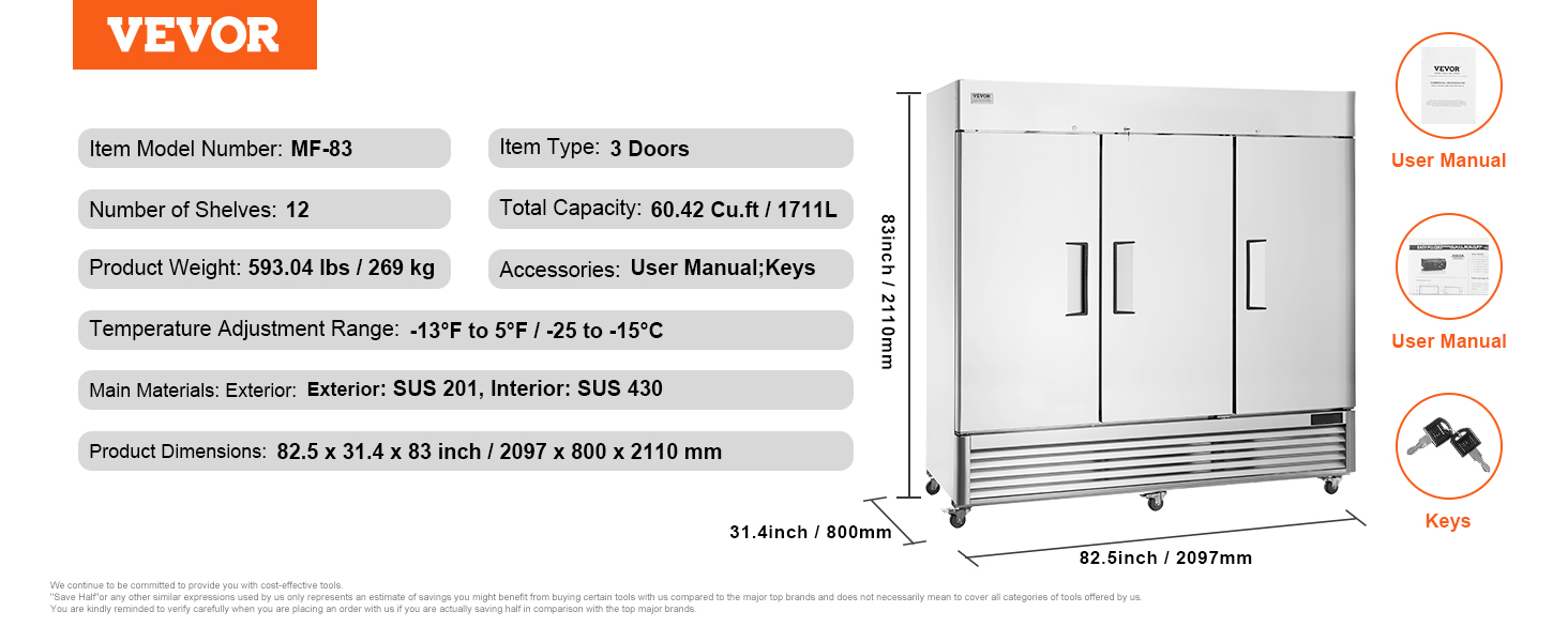 VEVOR Commercial Freezer 60.42 Cu.ft, Reach In 82.5" W Upright Freezer ...