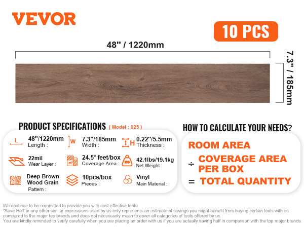 VEVOR Interlocking Vinyl Floor Tiles 1220 X 185 mm, 10 Tiles 5.5mm ...