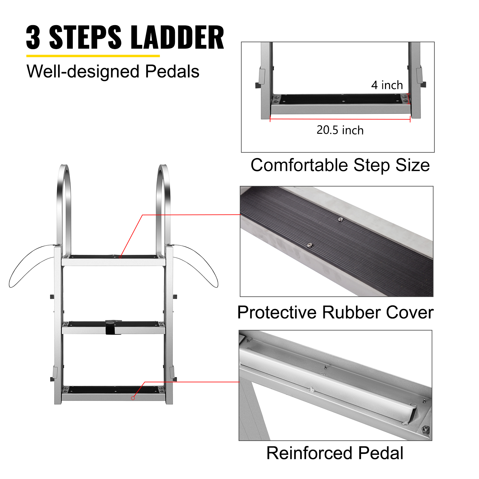 VEVOR Aluminum Dock Ladder 3-step, Boat Ladder 330lbs Weight Capacity ...