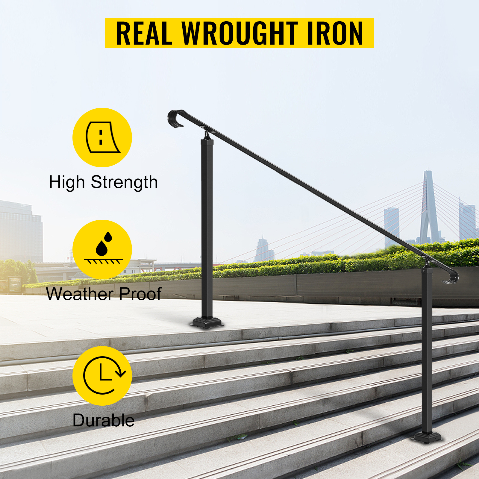 VEVOR Wrought Iron Handrail, Fit 5 to 7 Steps Outdoor Stair Railing ...