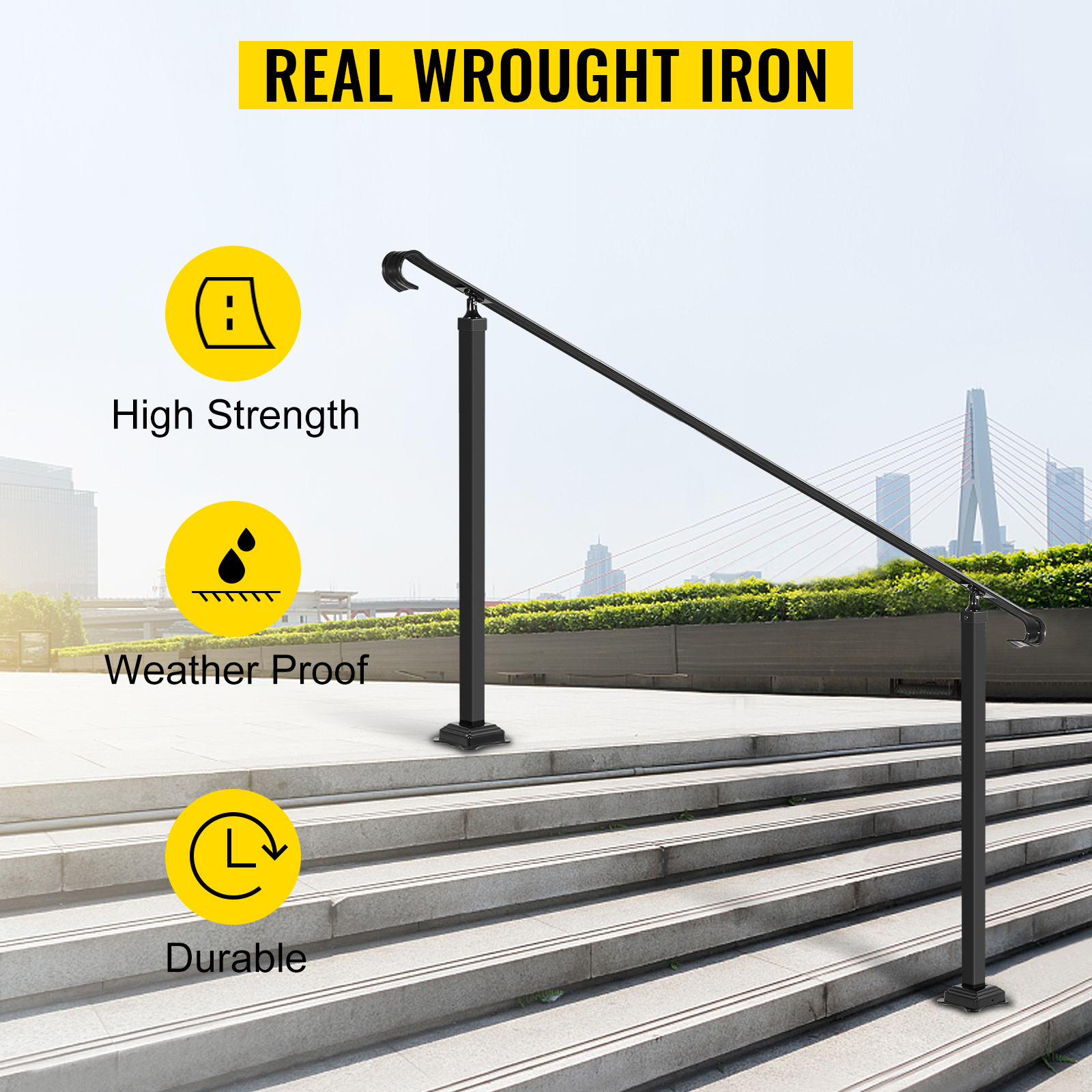 VEVOR Wrought Iron Handrail, Fit 6 or 8 Steps Outdoor Stair Railing ...