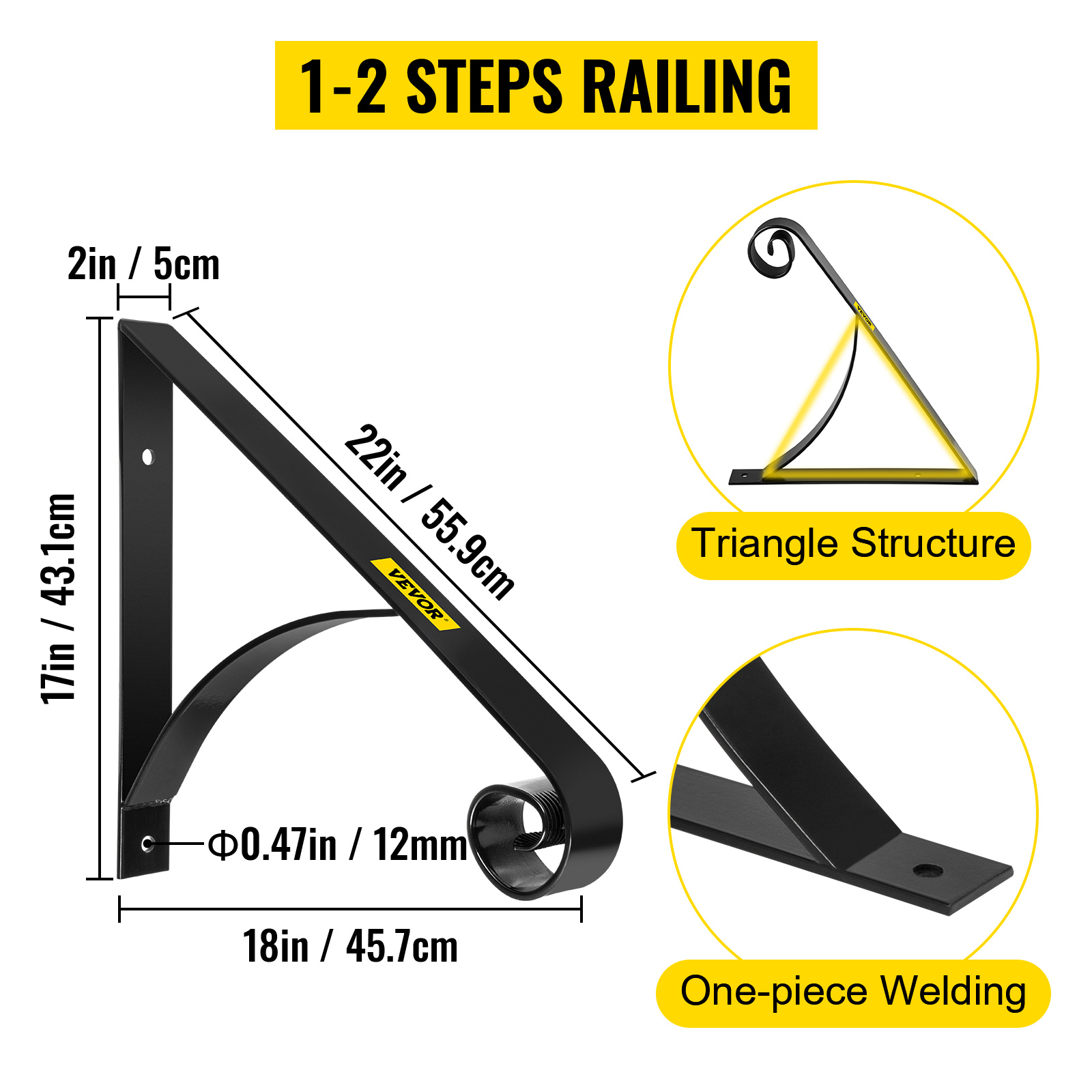 VEVOR Single Step Handrails, Wall Mounted Metal Wrought Iron Short Hand ...