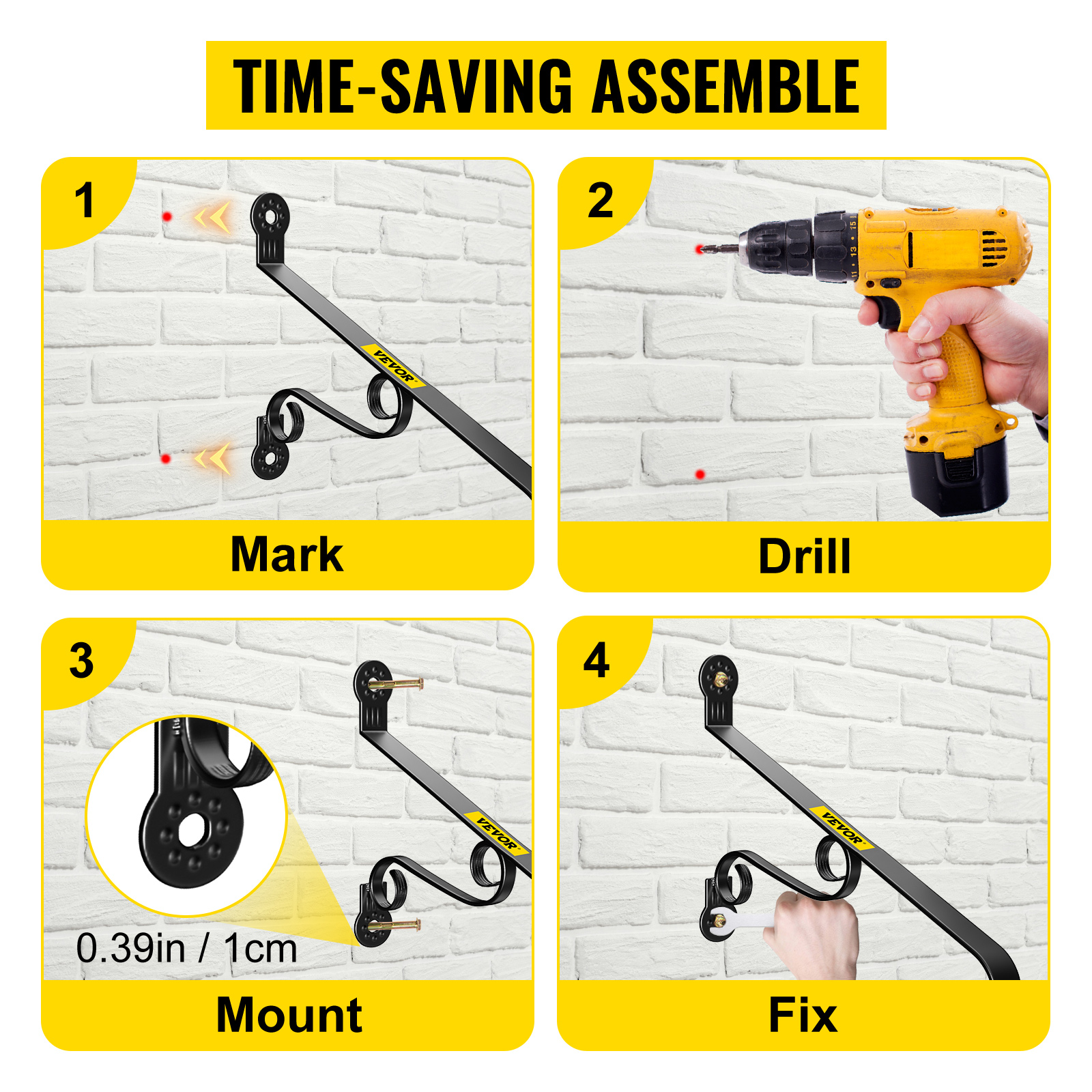 VEVOR Wrought Iron Handrail Wall Mounted Hand Railing 24L x 14H Inch ...