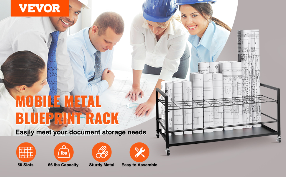 VEVOR Blueprint Storage Rack 50 Slots Mobile Roll File Holder for ...