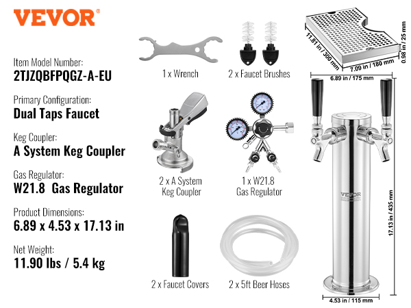 VEVOR Dual Taps Kegerator Tower Kit Kegerator Beer Tower & A-System Keg ...