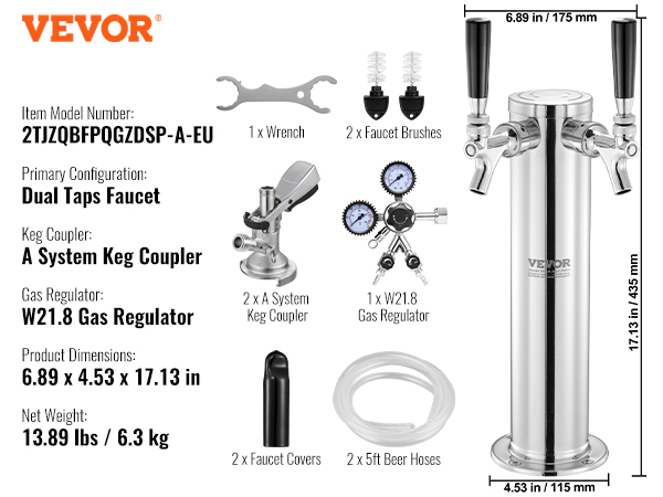 VEVOR Dual Taps Kegerator Tower Kit Kegerator Beer Tower & A-System Keg ...