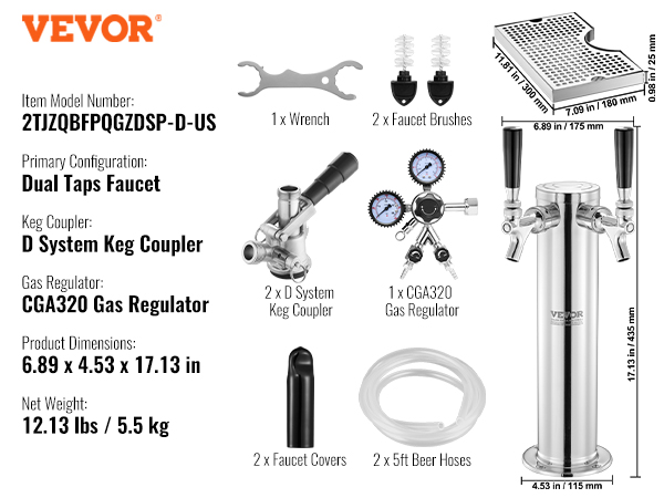 VEVOR Kegerator Tower Kit, Dual Taps Beer Conversion Kit, Stainless ...