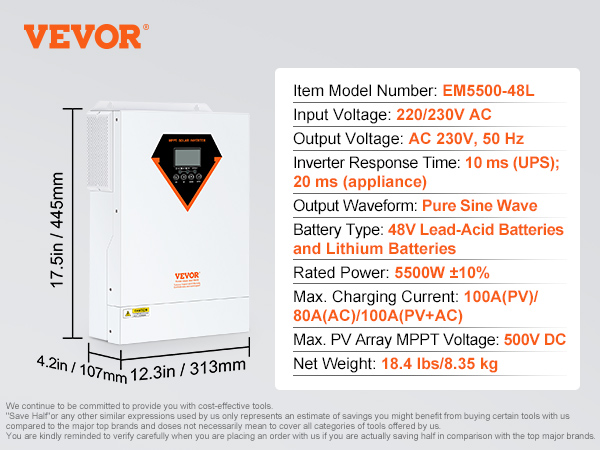 VEVOR Hybrid Solar Inverter Charger 5500W 230V with 100A MPPT Solar ...