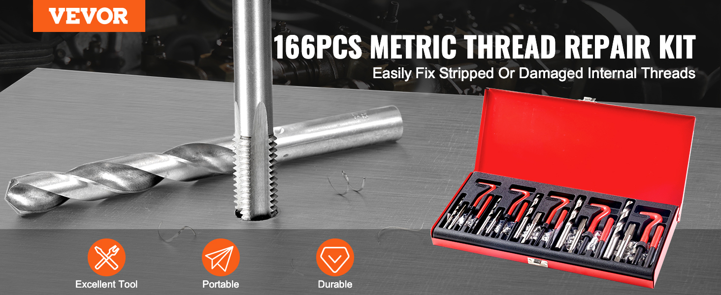 VEVOR 166 PCS Helicoil Thread Repair Kit Metric Rethread Tool M5 M6 M8 ...