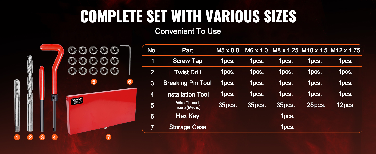 VEVOR 166 PCS Helicoil Thread Repair Kit Metric Rethread Tool M5 M6 M8 ...