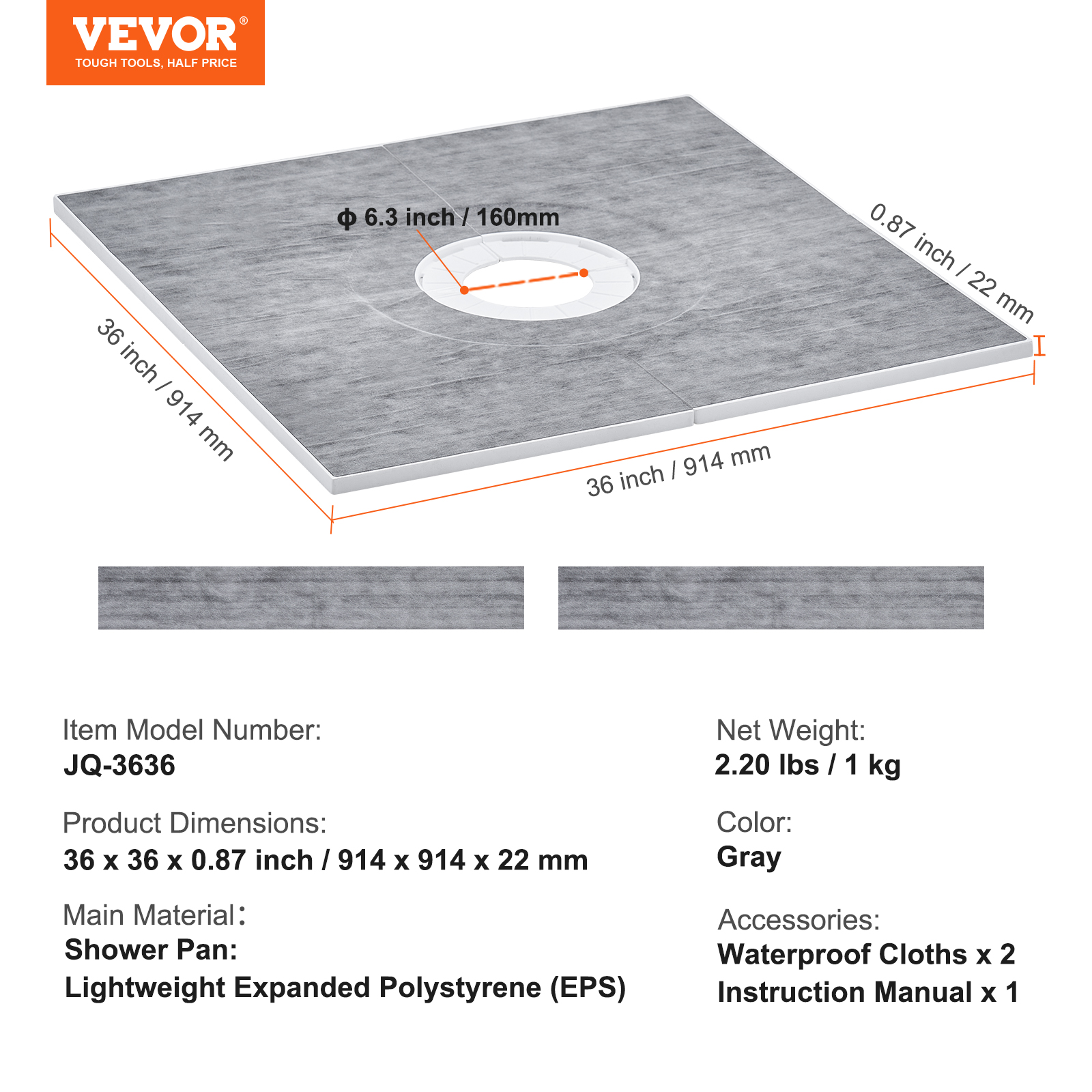 VEVOR Waterproofing Shower Curb Tray Kit 36"-48" x 60"-72" Central ...