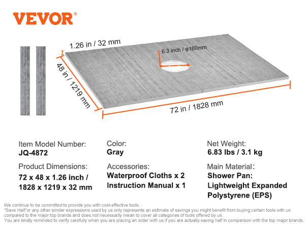 VEVOR Shower Curb Kit, 48"x72" Shower Pan Kit with 6.3" Central Drain ...