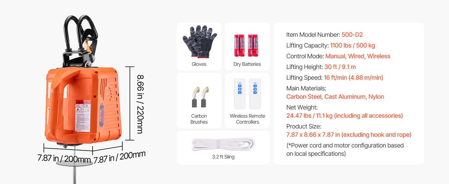 VEVOR 3-in-1 Portable Electric Hoist Winch 1100LBS Wired/Wireless ...