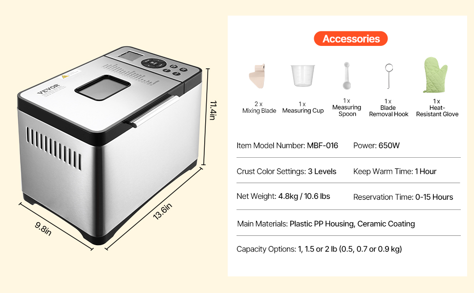 2LB 19-in-1 Bread Maker Automatic Compact Dough Machine Nonstick 3 Crust Colors | VEVOR US