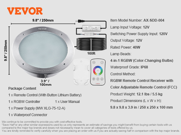 VEVOR 120V AC LED Pool Light, 10in 40W, RGBW Color Changing Inground ...