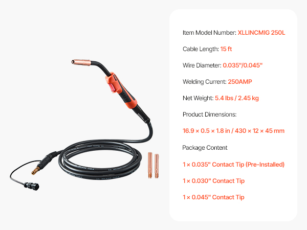 250Amp Mig Welding Gun with 15FT Cable Suitable for 0.035" 0.045 ...