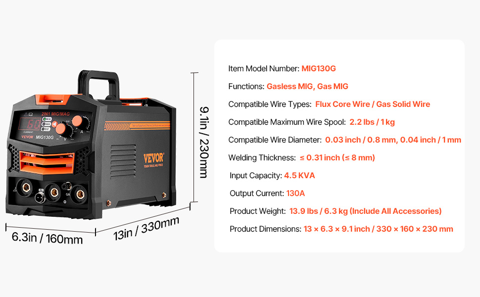 MIG Welder 130Amp Welding Machine 2-in-1 Gas MIG/Gasless Flux Core MIG ...