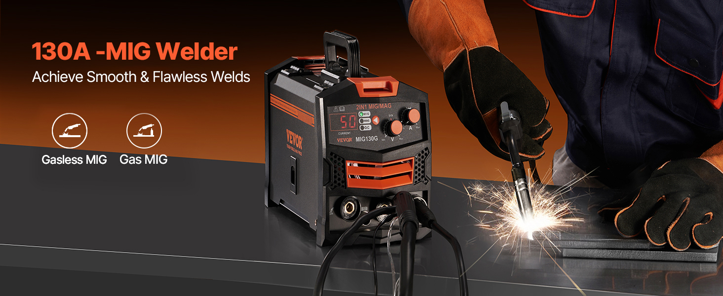 VEVOR MIG Welder 130A Welding Machine 2-in-1 Gas MIG/Gasless Flux Core ...