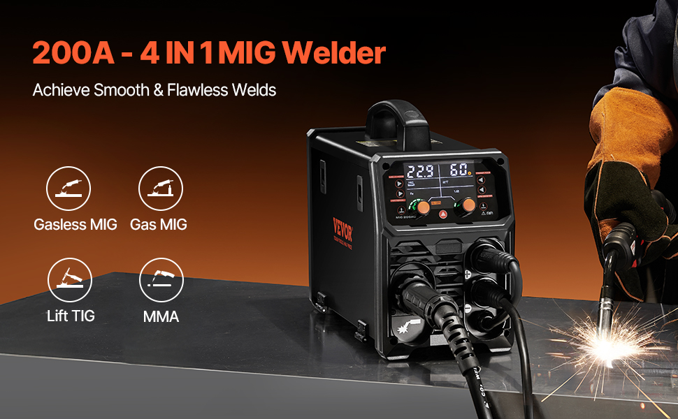 MIG Welder 200Amps Welding Machine 4-in-1 Gas MIG/Flux Core MIG/Stick ...