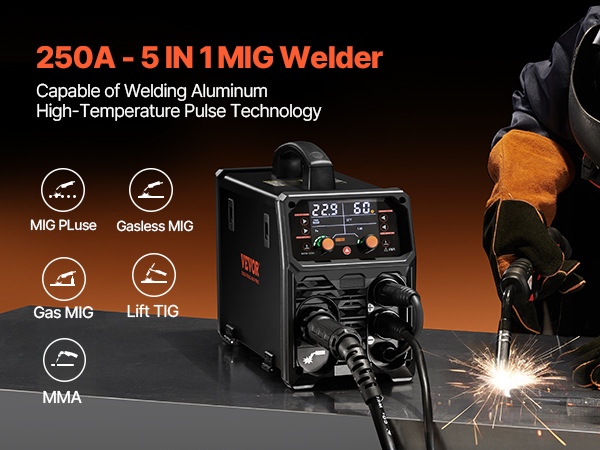 VEVOR MIG Welder 250A Pluse Mig Welding Machine 5-i-1 Synergic Welder ...