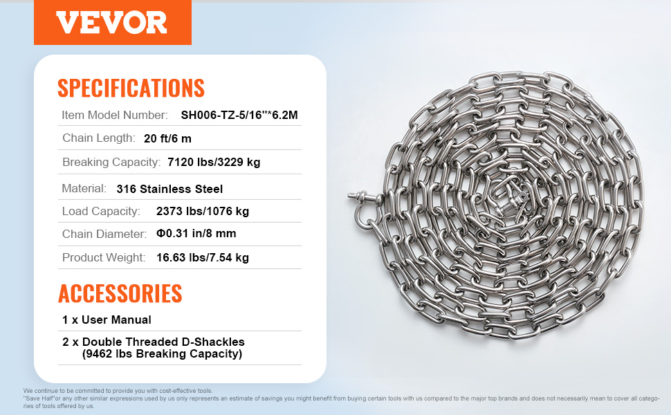 VEVOR Boat Anchor Chain Stainless Steel Lead Chain 5/16" x 20' with Two ...