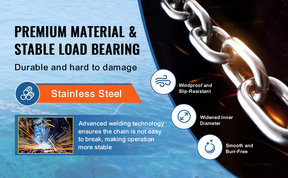 VEVOR Boat Anchor Chain Stainless Steel Lead Chain 5/16" x 20' with Two ...