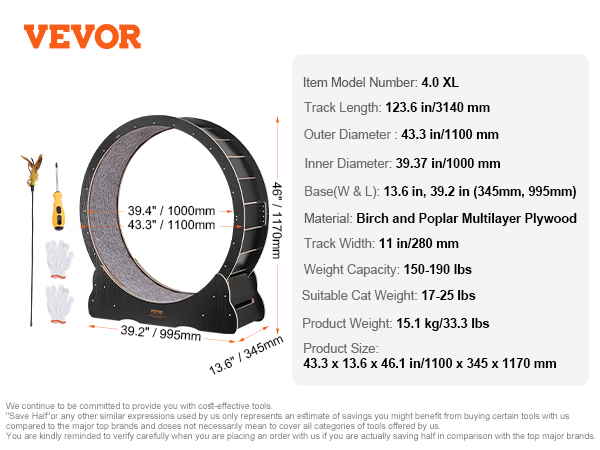 VEVOR Cat Exercise Wheel, Large Cat Treadmill Wheel for Indoor Cats, 43 ...