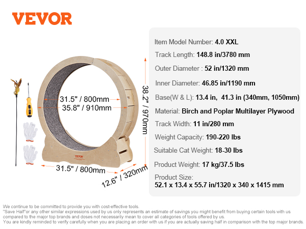 VEVOR Cat Exercise Wheel, Large Cat Treadmill Wheel for Indoor Cats, 52 ...