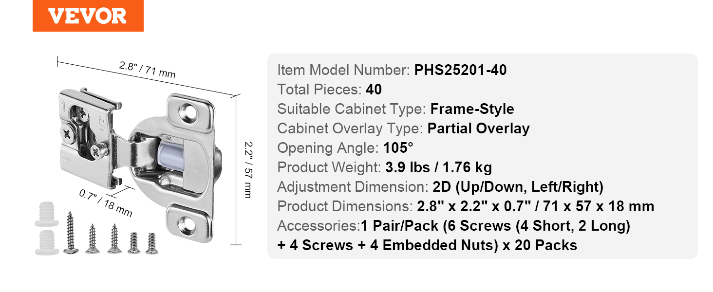 VEVOR Cabinet Door Hinges 40 Packs Partial Overlay Soft Close for ...