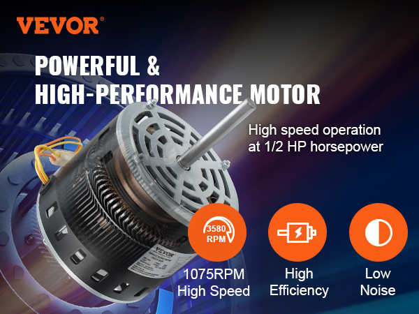 VEVOR 1/2HP Furnace Blower Motor, 208/230V 2.7Amps, 1075RPM 5 Speeds, CW/CCW Rotation, 48 Frame ...