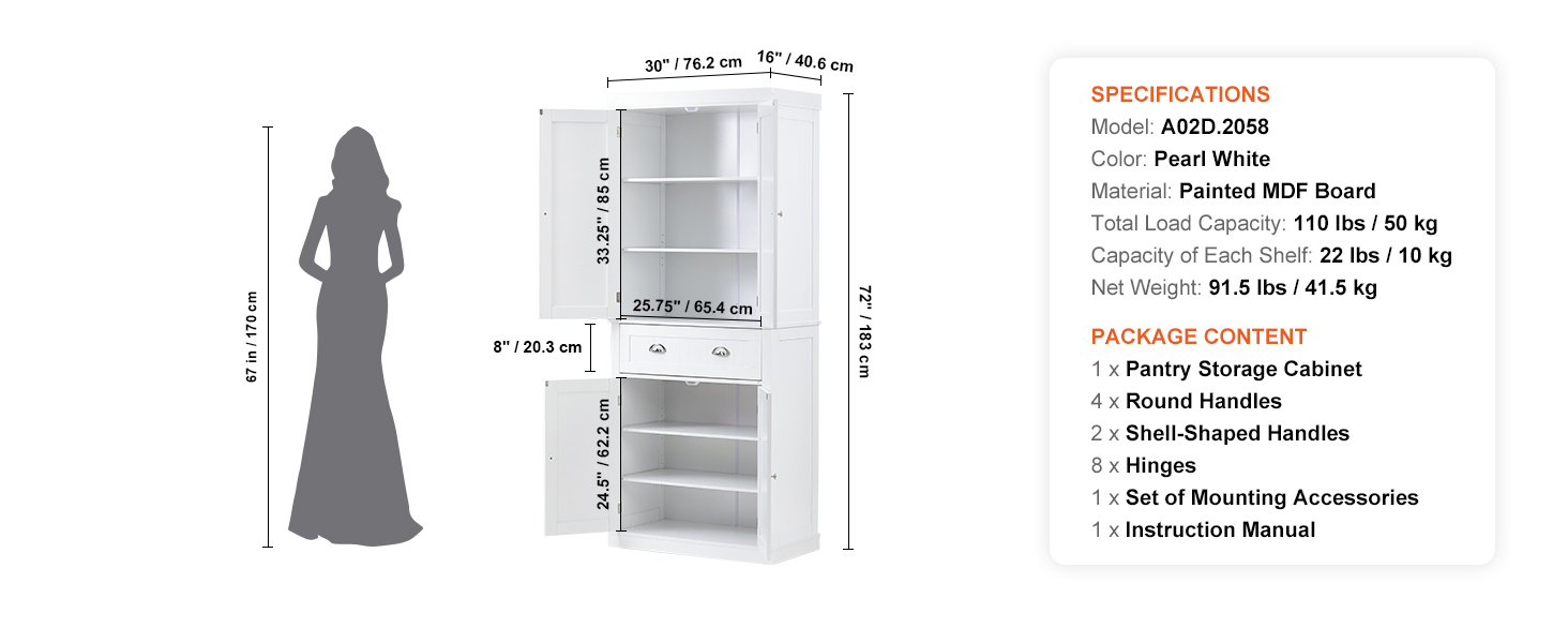 72" Kitchen Pantry Storage Tall Cabinet 4 Doors 3 Adjustable Shelves ...