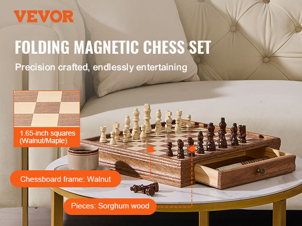 VEVOR Solid Wood Chess Set, 15 inch 2-IN-1 Chess Checkers Game Set ...