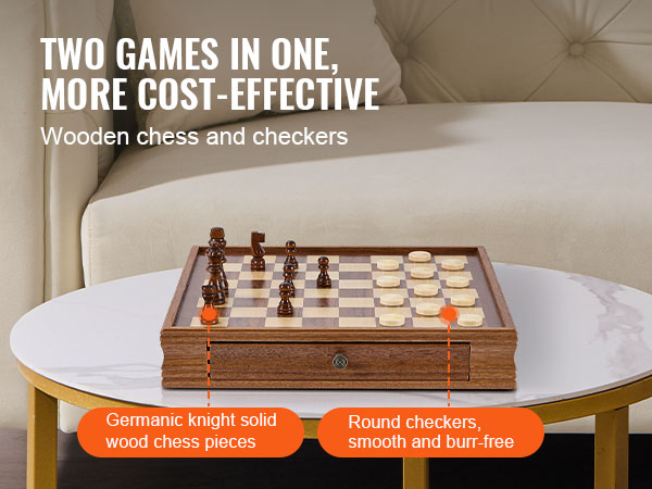 VEVOR Solid Wood Chess Set, 15 inch 2-IN-1 Chess Checkers Game Set ...