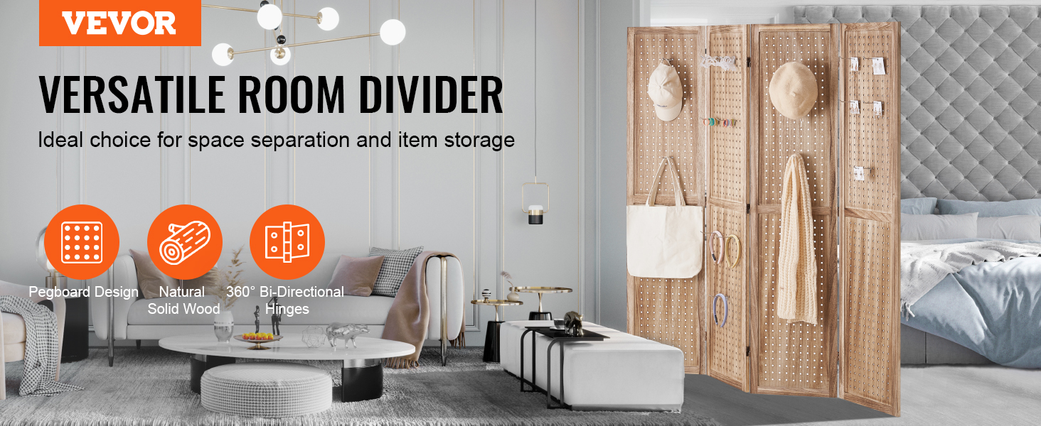 VEVOR Wood Room Divider Bærbar træskillevæg 4 Panel til rumadskillelse ...
