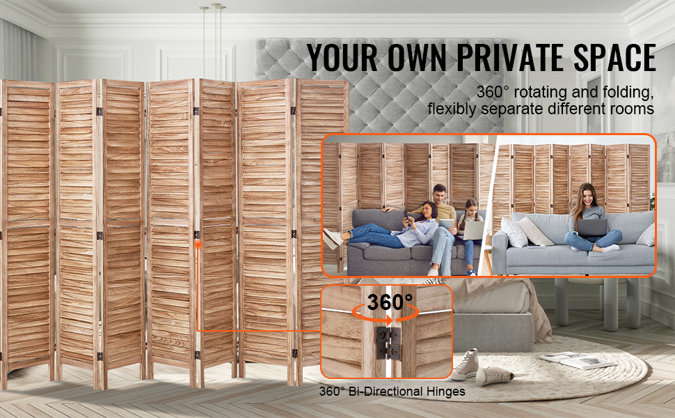 VEVOR Wood Room Divider, 8 Panel Wood Folding Privacy Screen, 66.9 ...