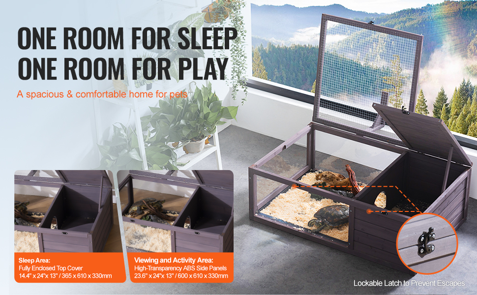 VEVOR Tortoise Habitat Wooden Tortoise House Indoor & Outdoor 2-Room ...