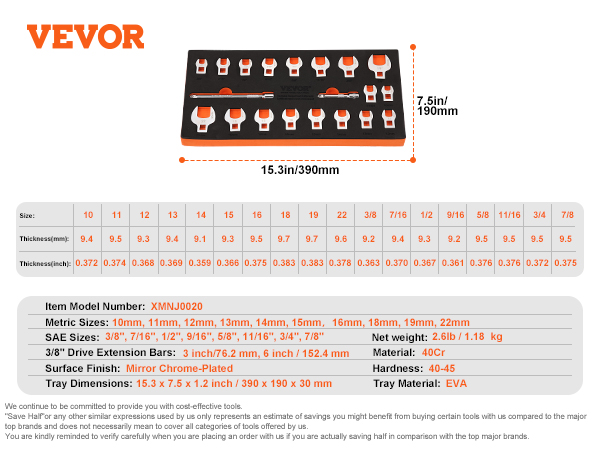 VEVOR Crowfoot Wrench Set, 3/8" Drive 20-Piece Crows Foot Wrench Set ...