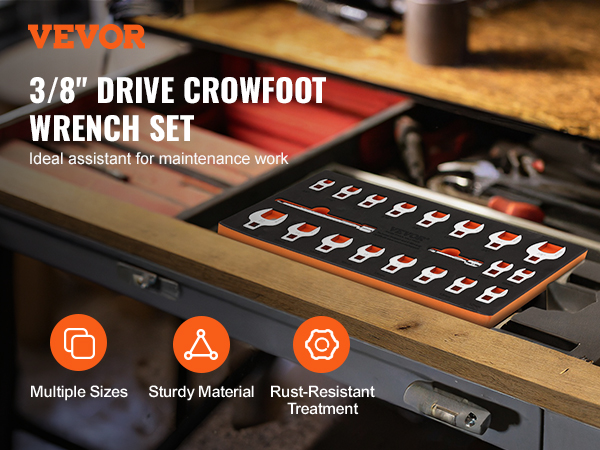 VEVOR Crowfoot Wrench Set, 3/8" Drive 20-Piece Crows Foot Wrench Set ...
