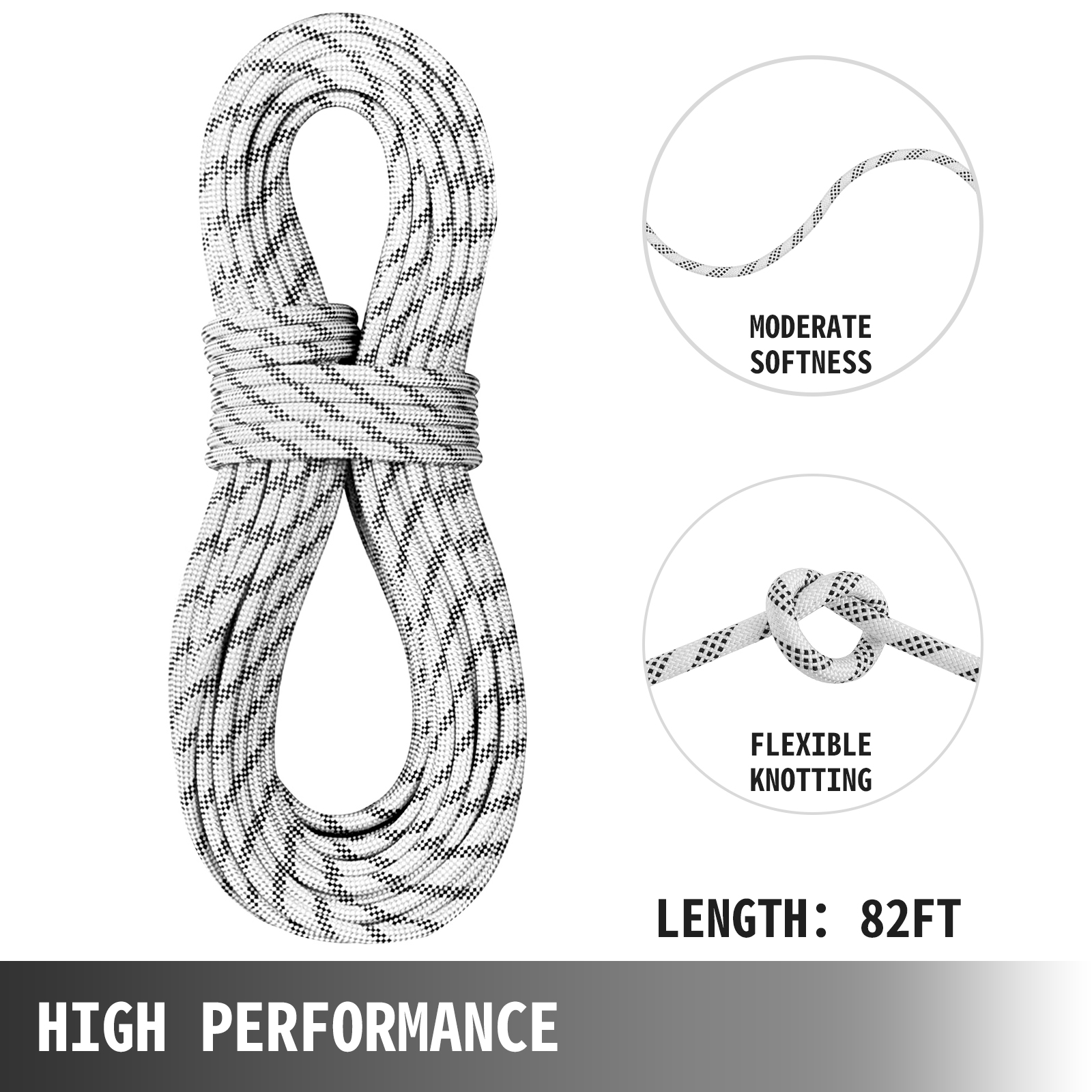 Dynamic Climbing Rope Nylon 35m 9.5mm Climbing White With Black | VEVOR US
