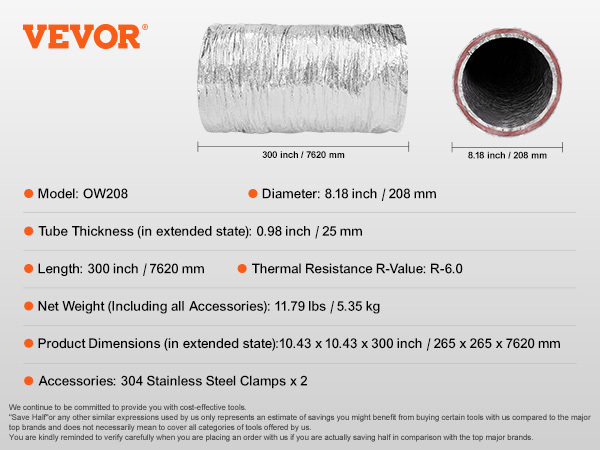 VEVOR Dryer Vent Hose, 8'' Insulated Flexible Duct 25FT Long with 2 ...