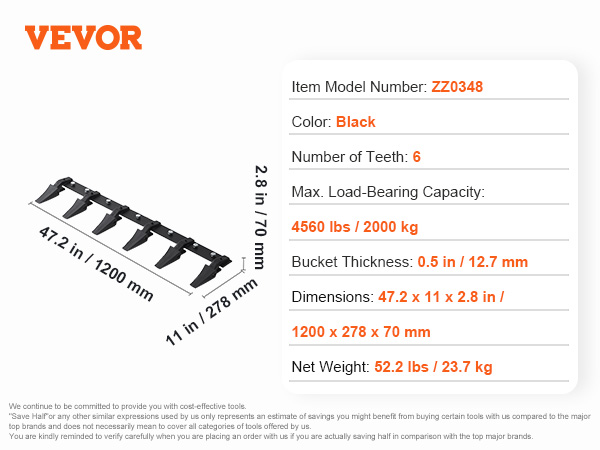 VEVOR Bucket Tooth Bar, 1200 mm, Heavy Duty Tractor Bucket 6 Teeth Bar ...