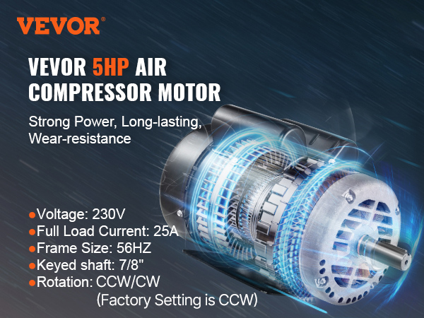 5HP Air Compressor Electric Motor 230V 25A 3450RPM 56Hz Frame CW/CCW ...