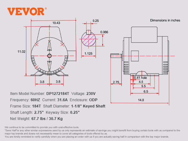 7.5HP Air Compressor Electric Motor 230V 31.6A 3450RPM 184T Frame CW ...