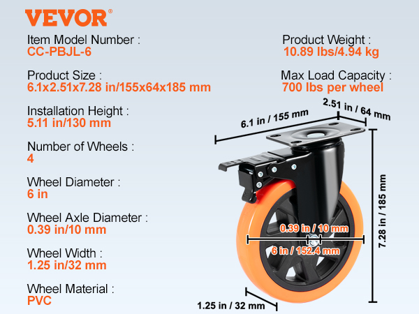 VEVOR Caster Wheels, 6-inch Swivel Plate Casters, Set of 4, with ...