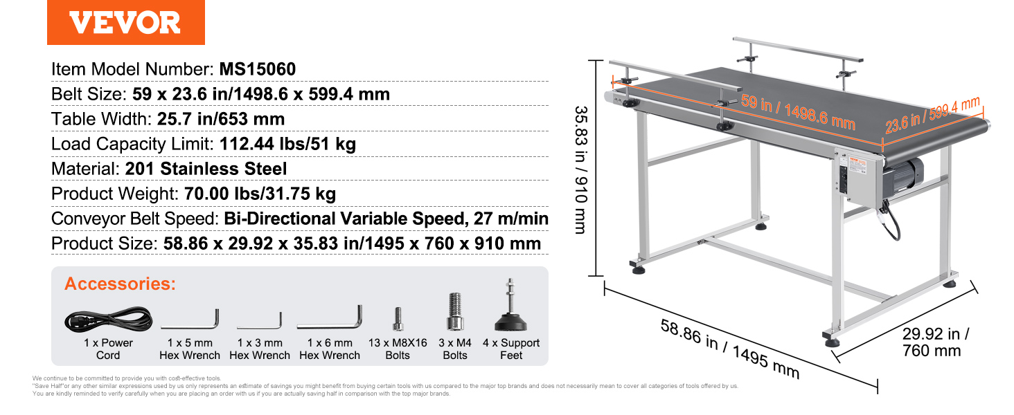 VEVOR Belt Conveyor, 59 x 23.6 inch Conveyor Table, Heavy Duty ...