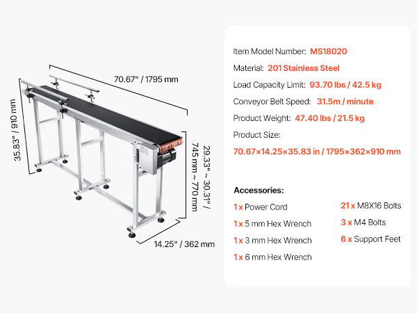 VEVOR Belt Conveyor, 71 x 7.8 inch Conveyor Table, Heavy Duty Stainless ...