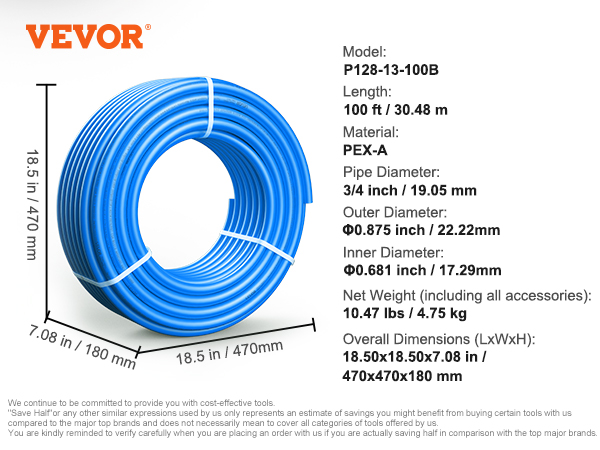 VEVOR PEX Pipe 3/4 Inch, 100 Feet Length PEX-A Flexible Pipe Tubing for ...