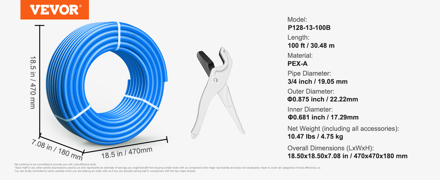 VEVOR PEX Pipe 3/4 Inch, 100 Feet Length PEX-A Flexible Pipe Tubing for ...