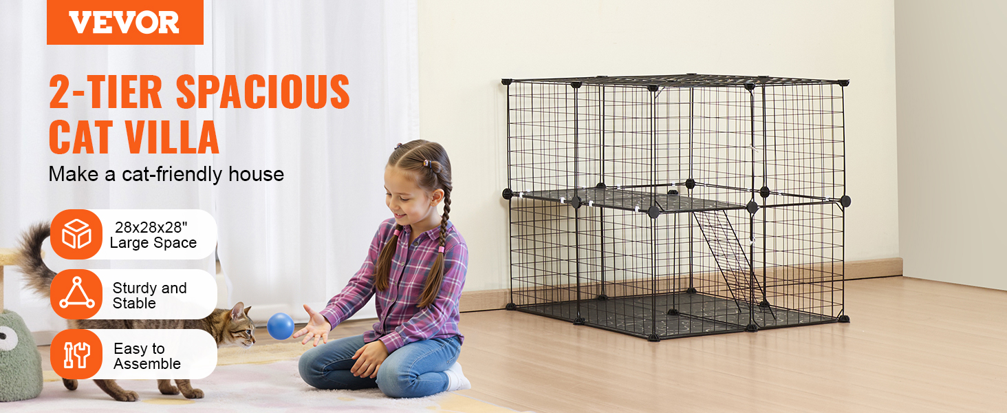 VEVOR Large 2-tier Cat Cage 28 x 28 x 28" Metal Wire Playpen Catio with ...