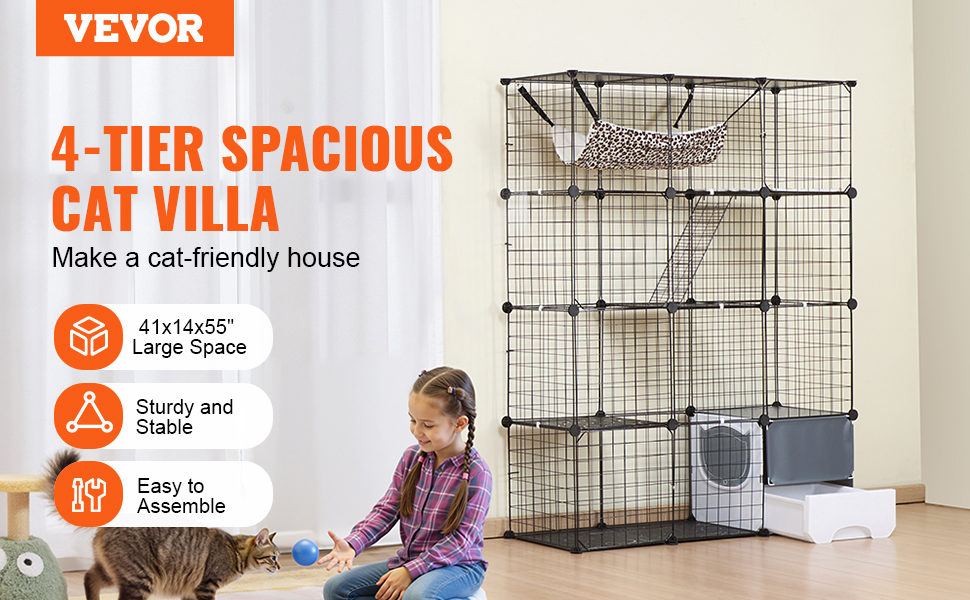 VEVOR Large 4-tier Cat Cage 41 x 14 x 55" Metal Wire Cat Enclosure with ...